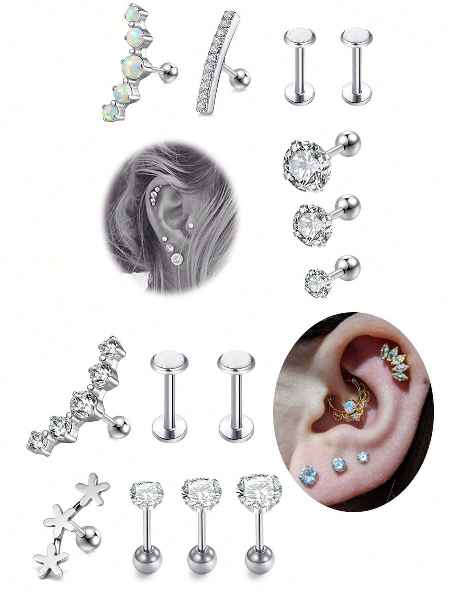 7pcs Helix Earrings 6mm Tragus Bar Diamond Stainless Steel 16G Ear ...