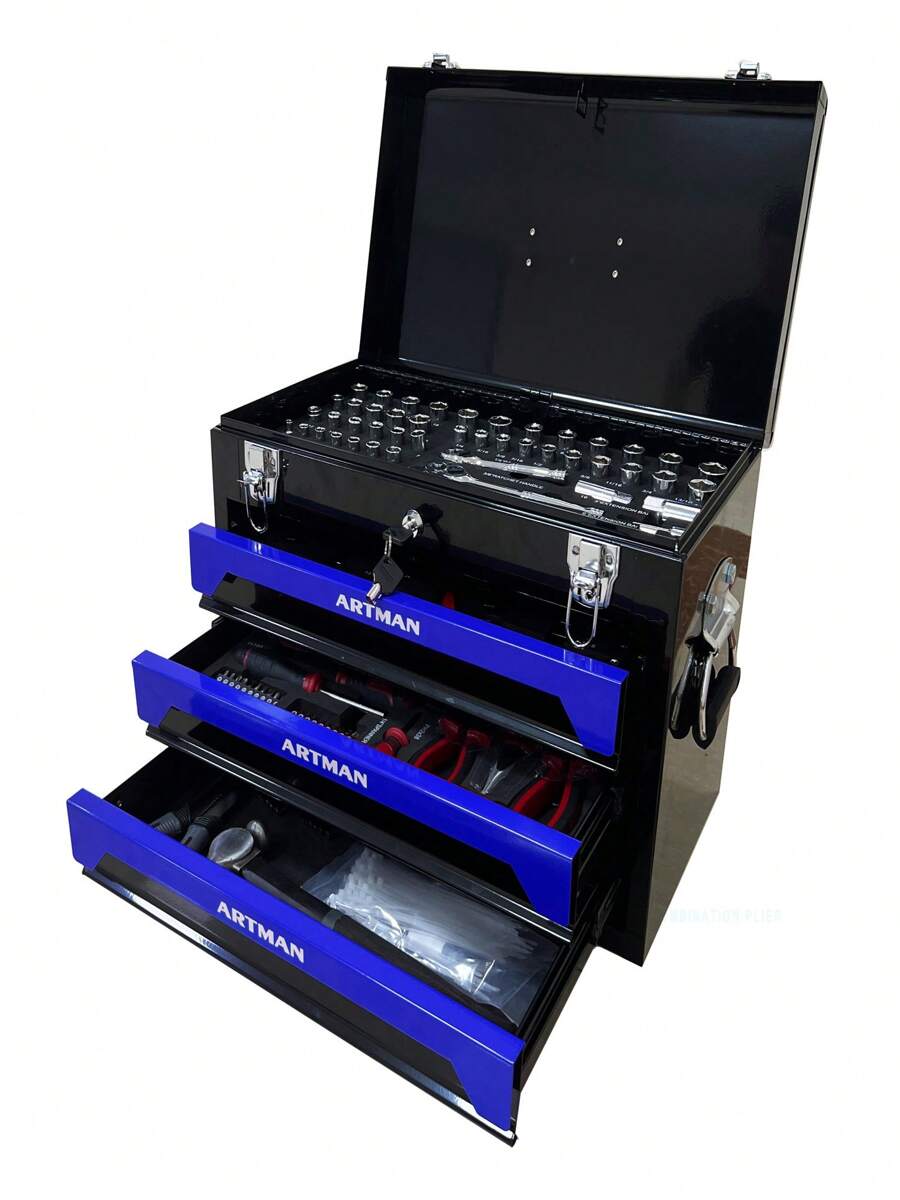 Tool Box With Tool Set 3 Drawers Metal Toolbox Portable Tool Chest ...