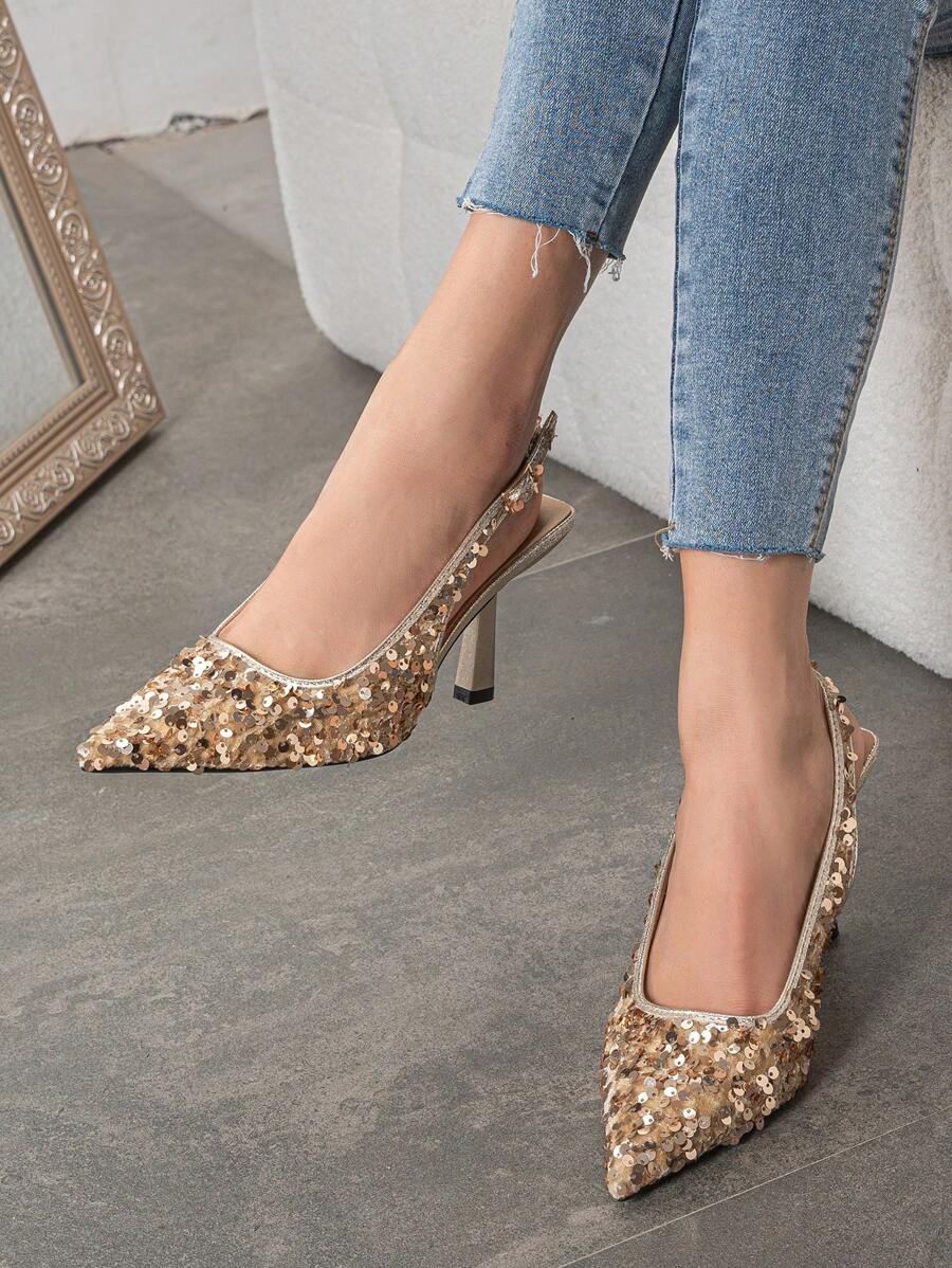Women's Glitter Stiletto Heels, Sparkling Pointed Toe Ankle Strap High ...