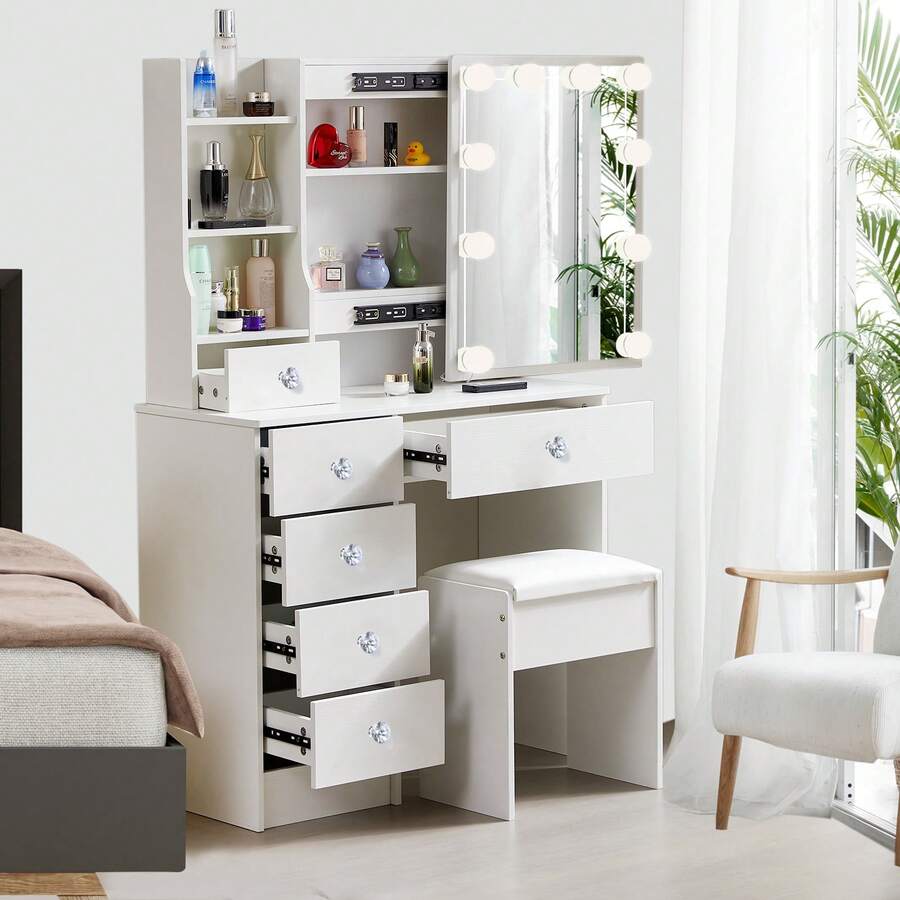 10 LED Lighted Sliding Mirror And 6 Drawers Vanity Makeup Table ...