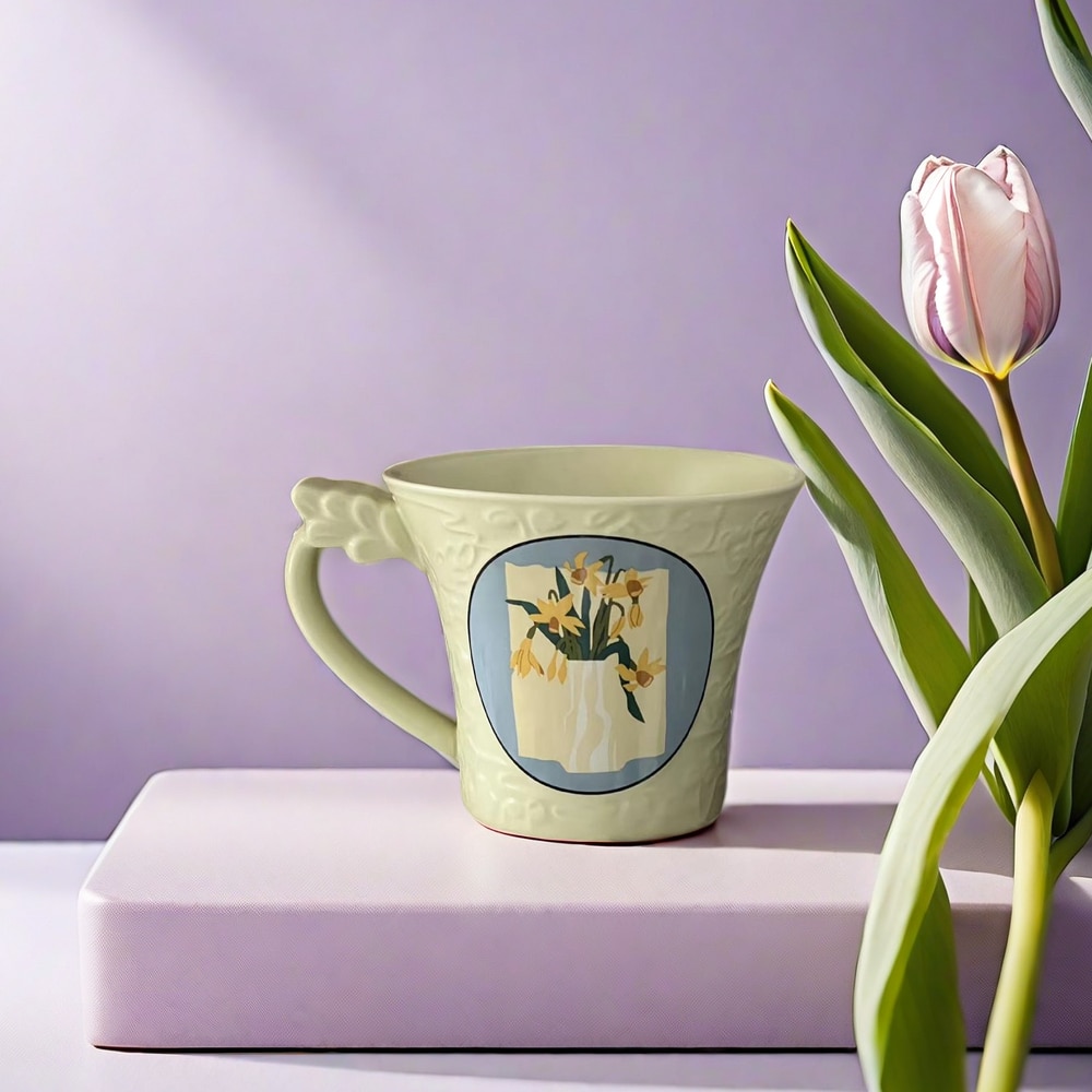 1pc Flower Pattern 3D Embossed Ceramic Mug, Romantic Floral Relief Tea ...