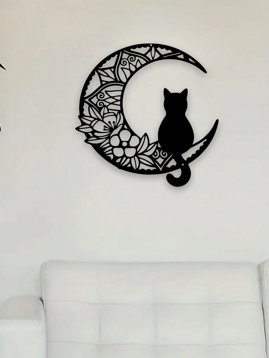 1 peça, gato preto e arte de parede da lua, decoração de parede de ...