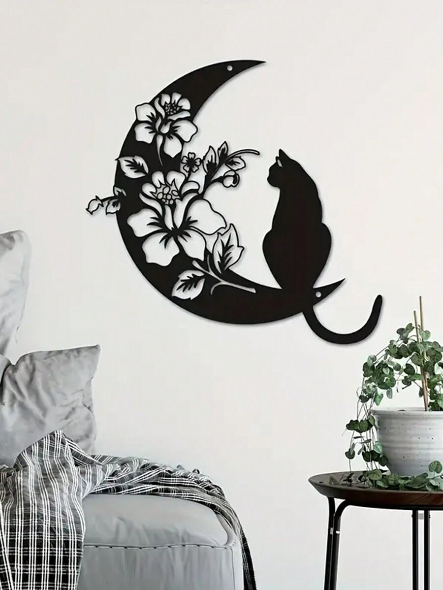 1 peça, gato preto e arte de parede da lua, decoração de parede de ...