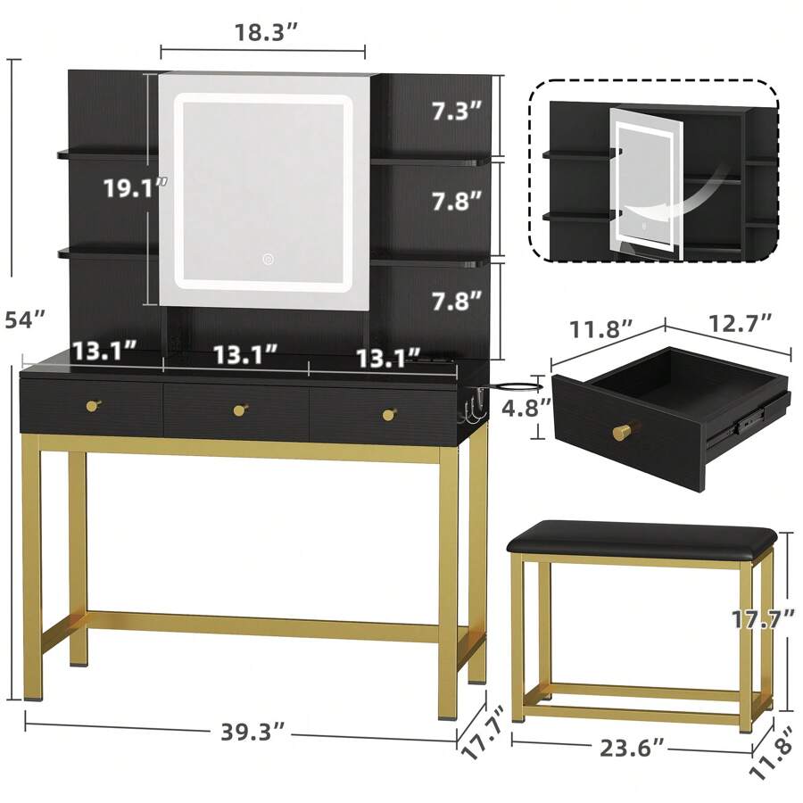 Vanity Desk With Hidden Storage Shelves, Makeup Vanity With Mirror ...
