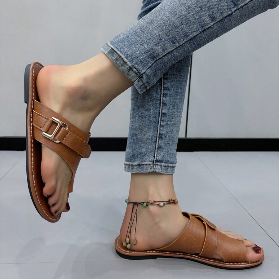 Women's Fashion Toe Ring Slippers, Cross Strap Open Toe Slip-On ...