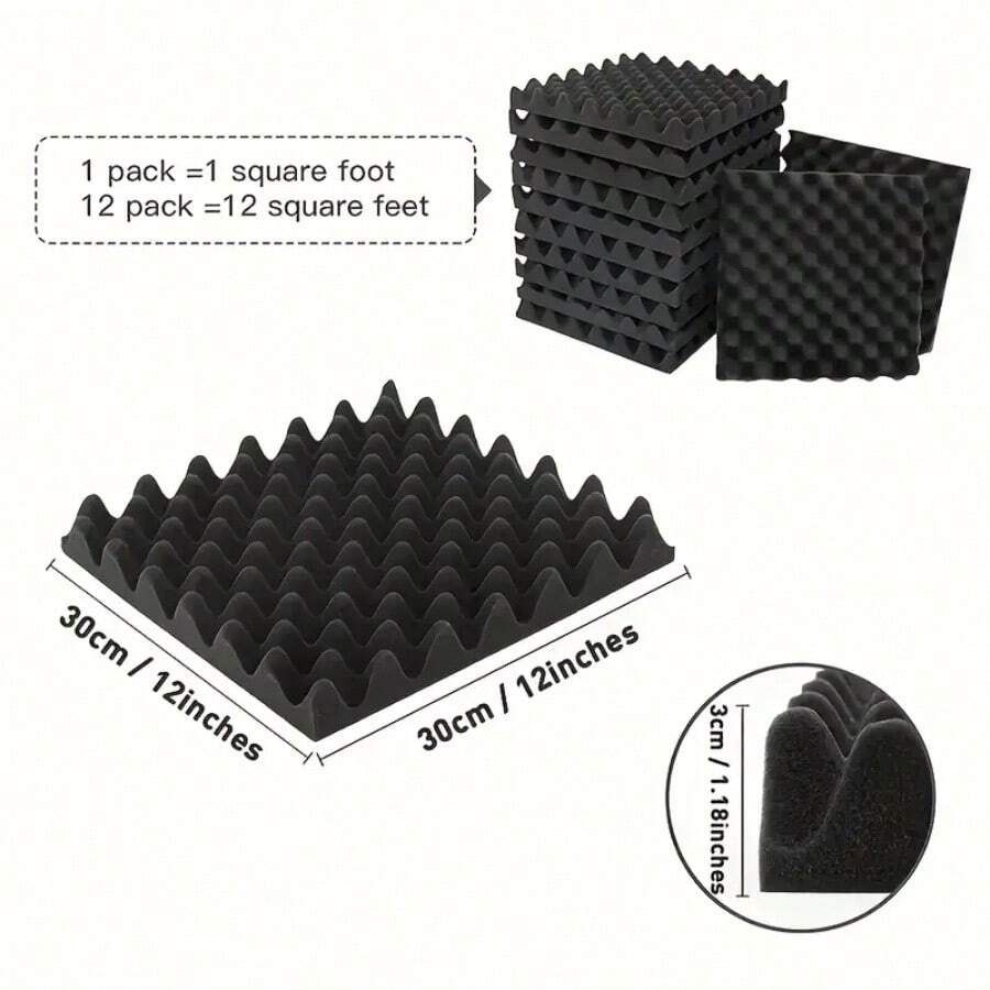 Acoustic Foam Panels, Black Egg Crate Acoustic Panels, 12 X 12 X1.18 ...