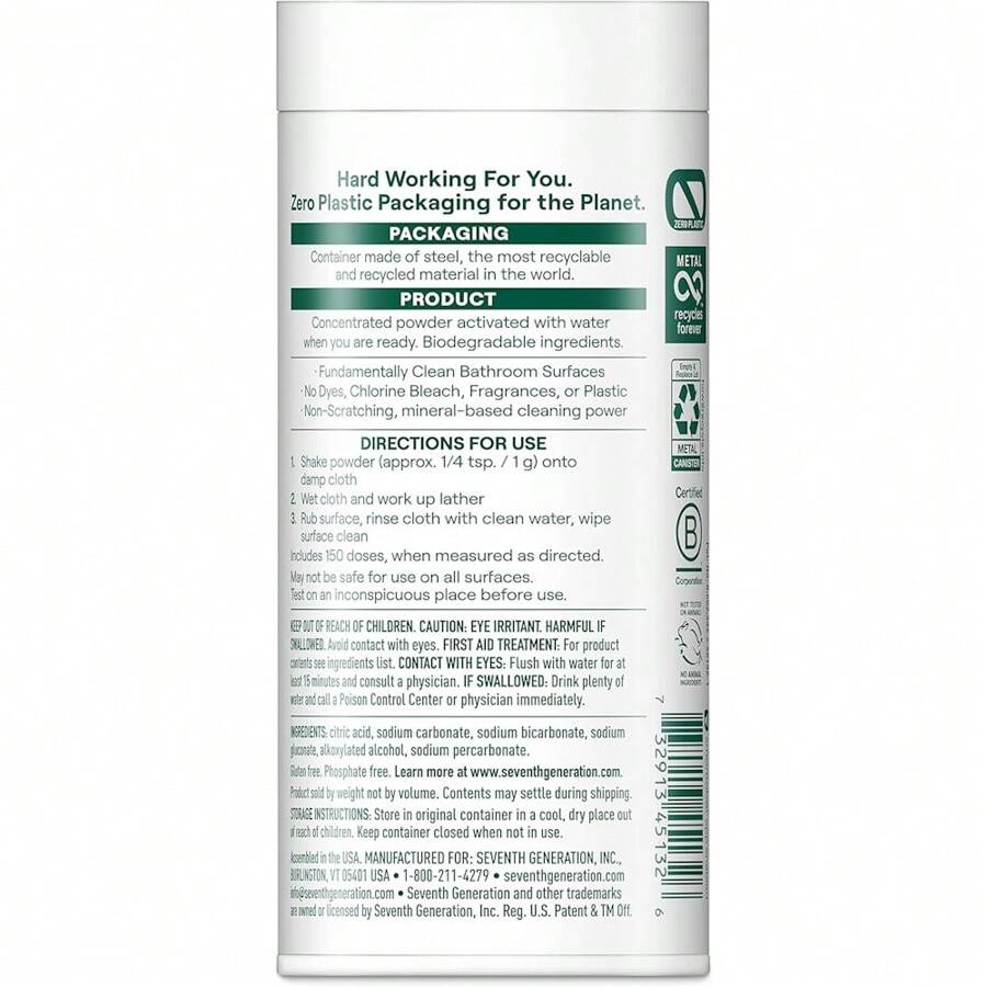Seventh Generation Zero Plastic Bathroom Powder Cleaner Fragrance Free ...