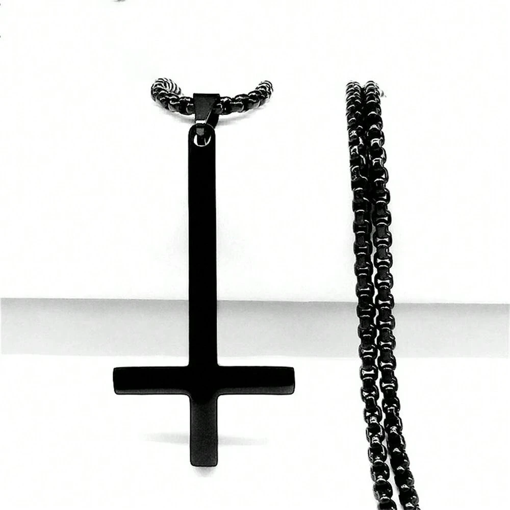 Collar con cruz invertida de acero inoxidable, collar con cadena negra ...