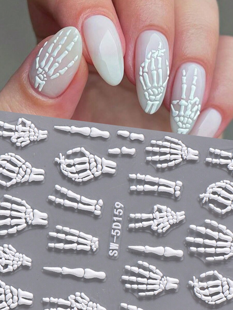 Halloween Nail Stickers, 2 Sheets Embossing 5D Self Adhesive Skull Bone ...