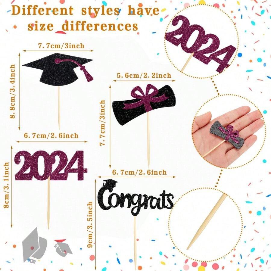 100 Pack 2024 Graduation Cupcake Toppers Grad Cap Food Appetizer Picks ...
