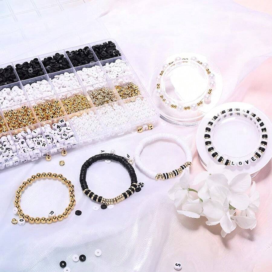 24-Grid Black & White Couple Bracelet Making Kit, With Gold Spacer ...