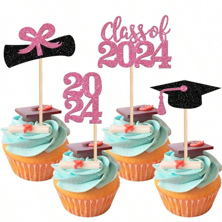 36 PCS 2024 Graduation Theme Cupcake Toppers Glitter Class Of 2024 ...