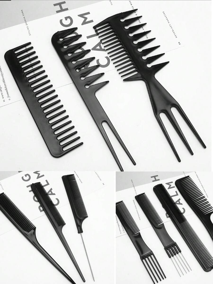 10Pcs Hair Styling Comb Set Black Hairdressing Brush Barbers Anti ...