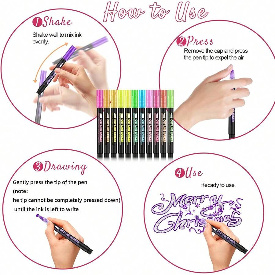 36/24/12/8pcs Color Flash Marker Double Line Contour Pen, Metal Flash ...