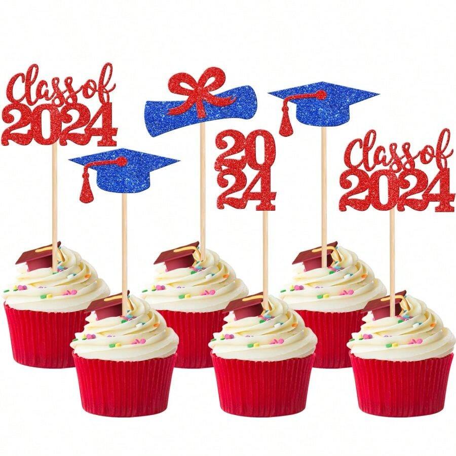 36 PCS 2024 Graduation Theme Cupcake Toppers Glitter Class Of 2024 ...