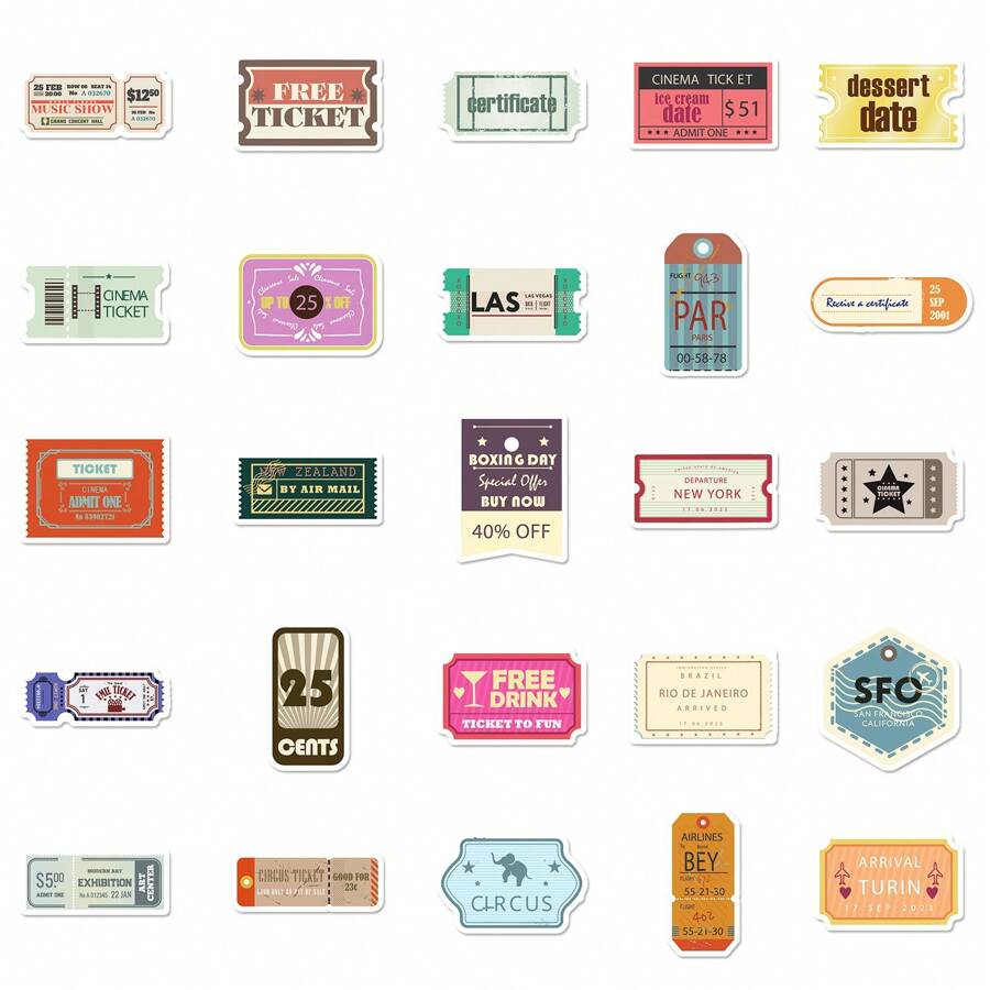 50Pcs Vintage Travel Stickers Bulk, Vinyl Waterproof Ticket Stickers ...