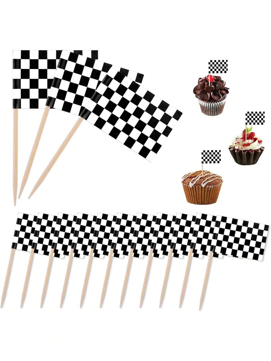 48 Pack Checkered Black And White Racing Toothpick Flag Race Car Small ...