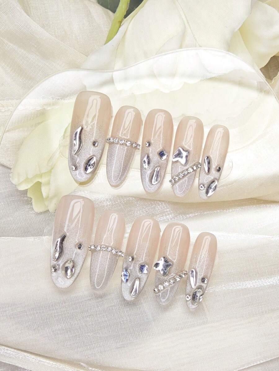 10pcs Pure Handmade Silver & Pink Oval-Shaped Nail Art With Inlaid ...