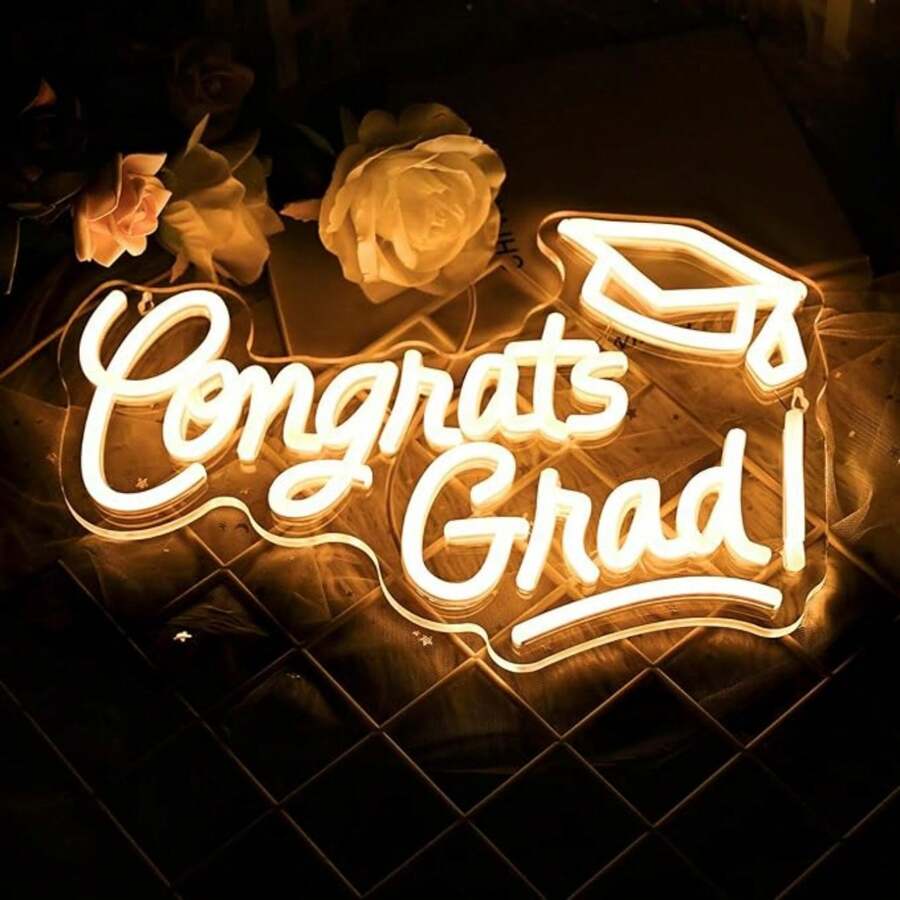 Congrats Grad Neon Sign With Graduation Cap, Warm White Congrats Grad ...