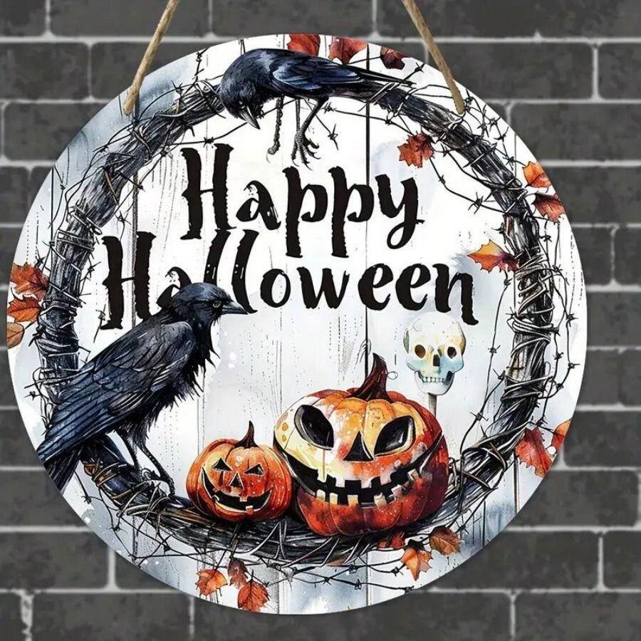 1 stuk Happy Halloween Houten bord (18,9 x 18,9 cm) - Kraai en Pompoen ...