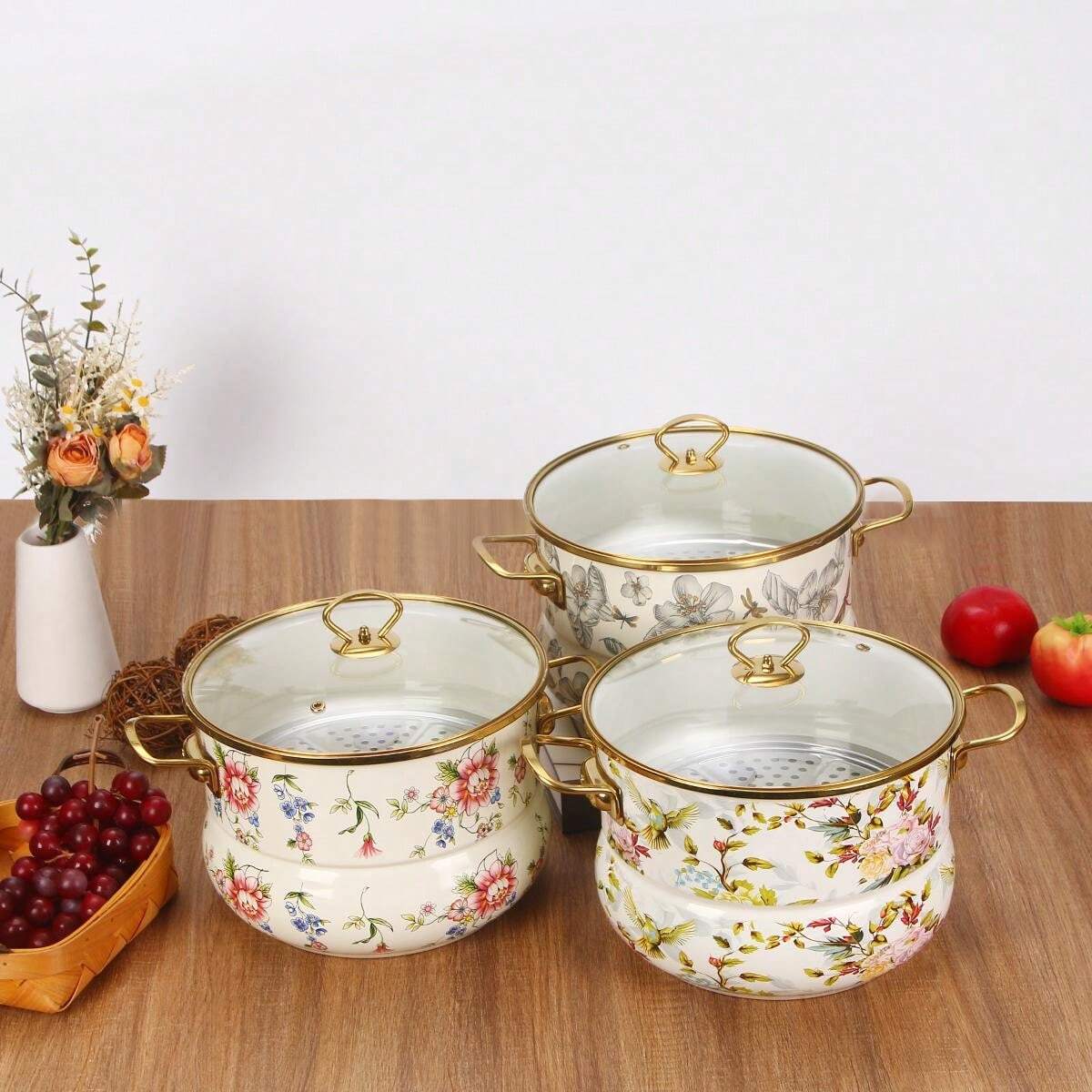 1pc 26cm/10.2inch Enamel Steamer With Stainless Steel Steaming Grid And ...