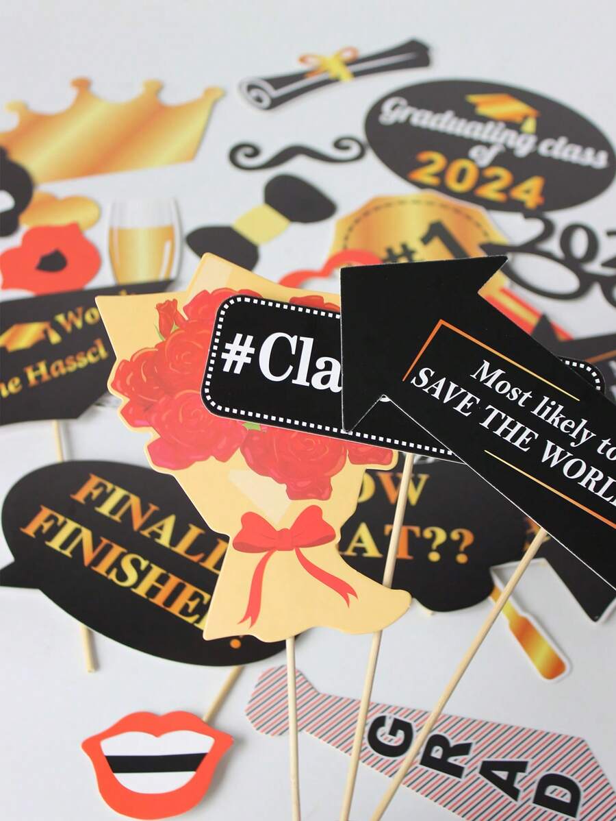 33pcs/Set 2024 New Funny Graduation Photo Props With Black & Gold Theme ...