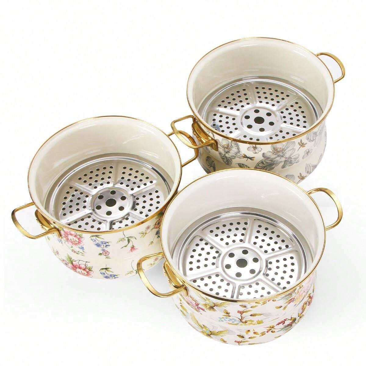 1pc 26cm/10.2inch Enamel Steamer With Stainless Steel Steaming Grid And ...