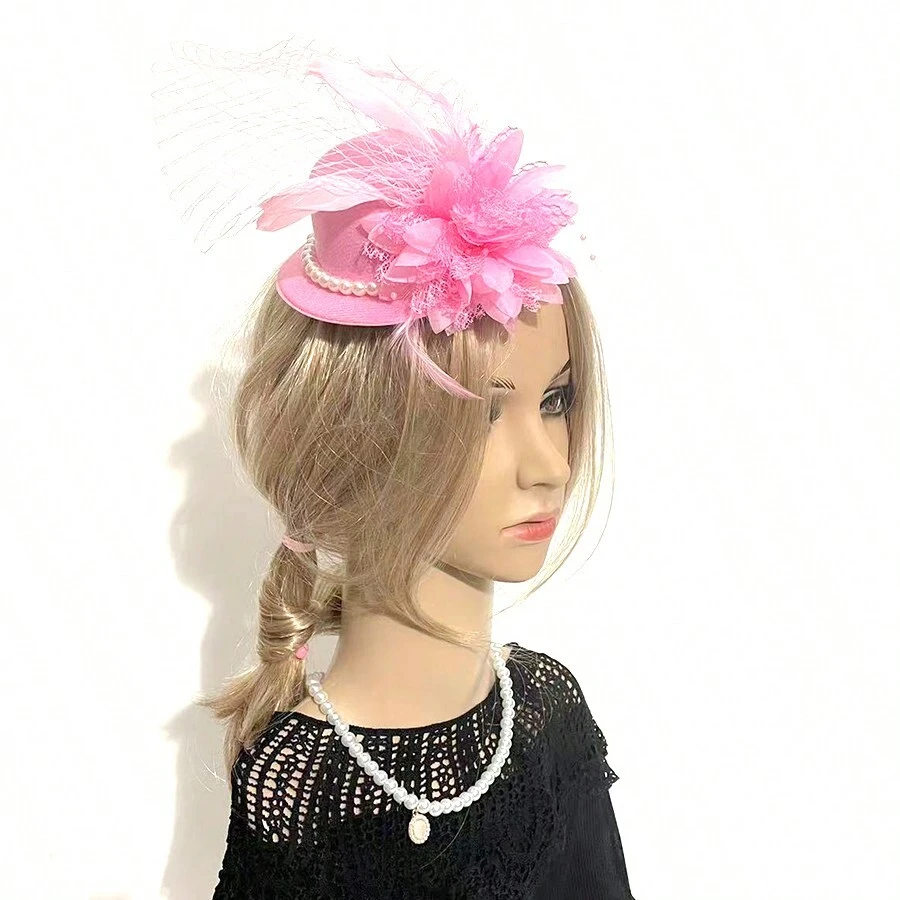 Pink Romantic Lady Fascinators Hat Women Flower Mesh Feathers Fedoras ...