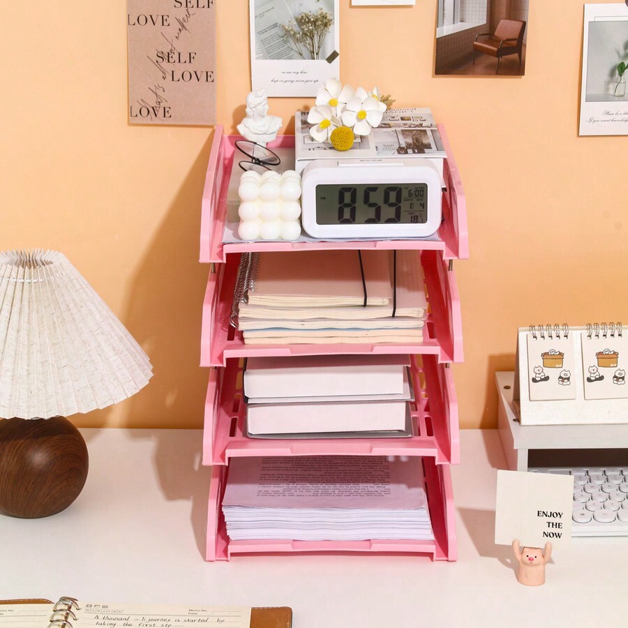 4-Tier Horizontal File Organizer Tray Document Holder Desk Storage Rack ...