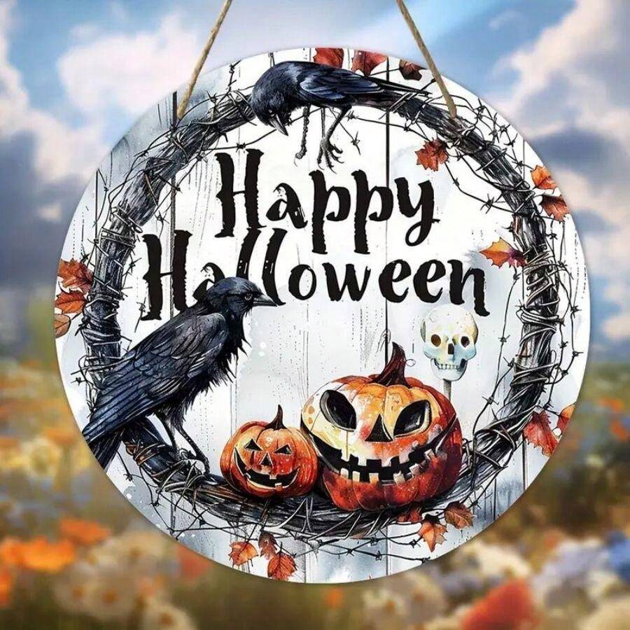 1 stuk Happy Halloween Houten bord (18,9 x 18,9 cm) - Kraai en Pompoen ...
