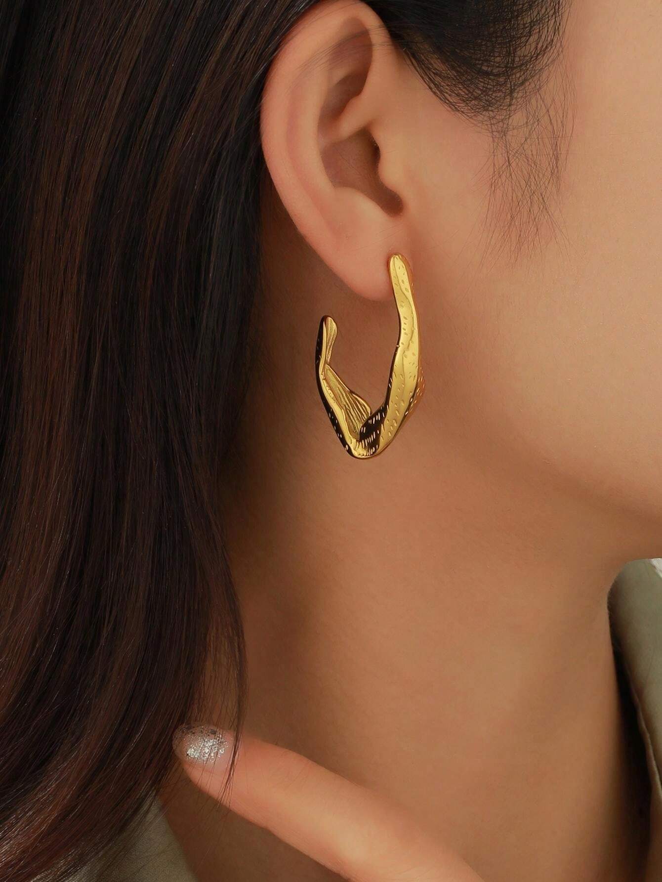 1pair Irregular Gold-Toned Earrings Suitable For Women's Daily Wear In ...