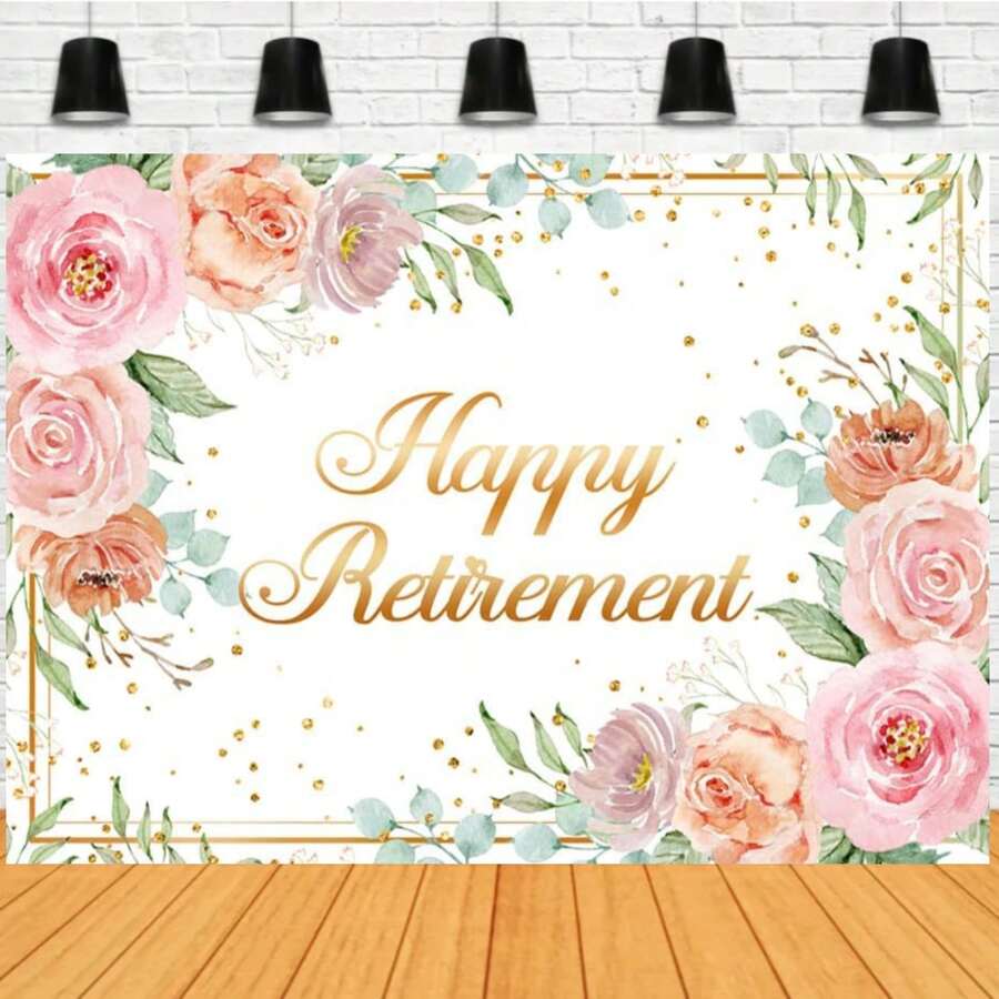 Happy Retirement Backdrop For Women Rose Pink Floral Gold Dots Photo ...