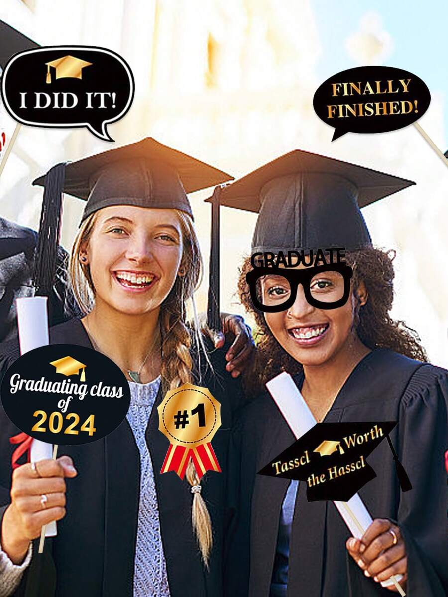 33pcs/Set 2024 New Funny Graduation Photo Props With Black & Gold Theme ...