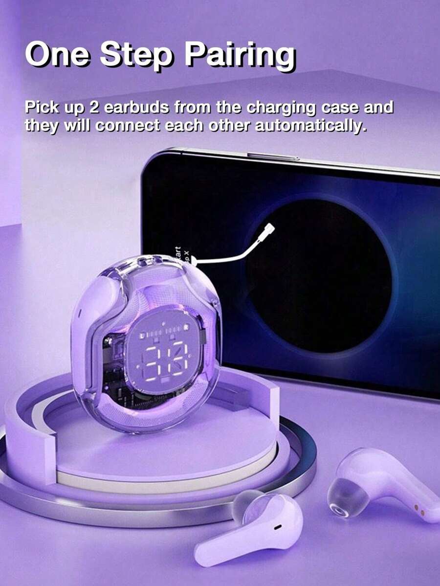 Wireless Earphones BT 5.3 Headphones LED Power Display Mini Translucent ...