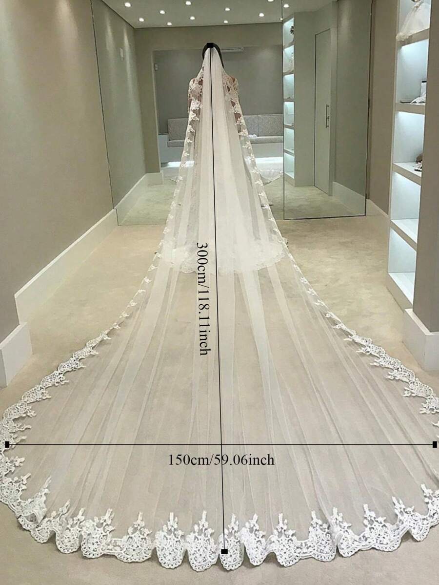 3 Meters Long Full Edge Lace Wedding Veil One Layer Tulle Bridal Veil ...