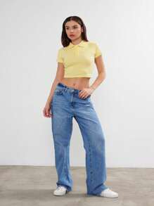 Cropped Polo Neck Top Polo Neck Crop Top Solid Color Cropped Cotton ...