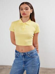 Cropped Polo Neck Top Polo Neck Crop Top Solid Color Cropped Cotton ...