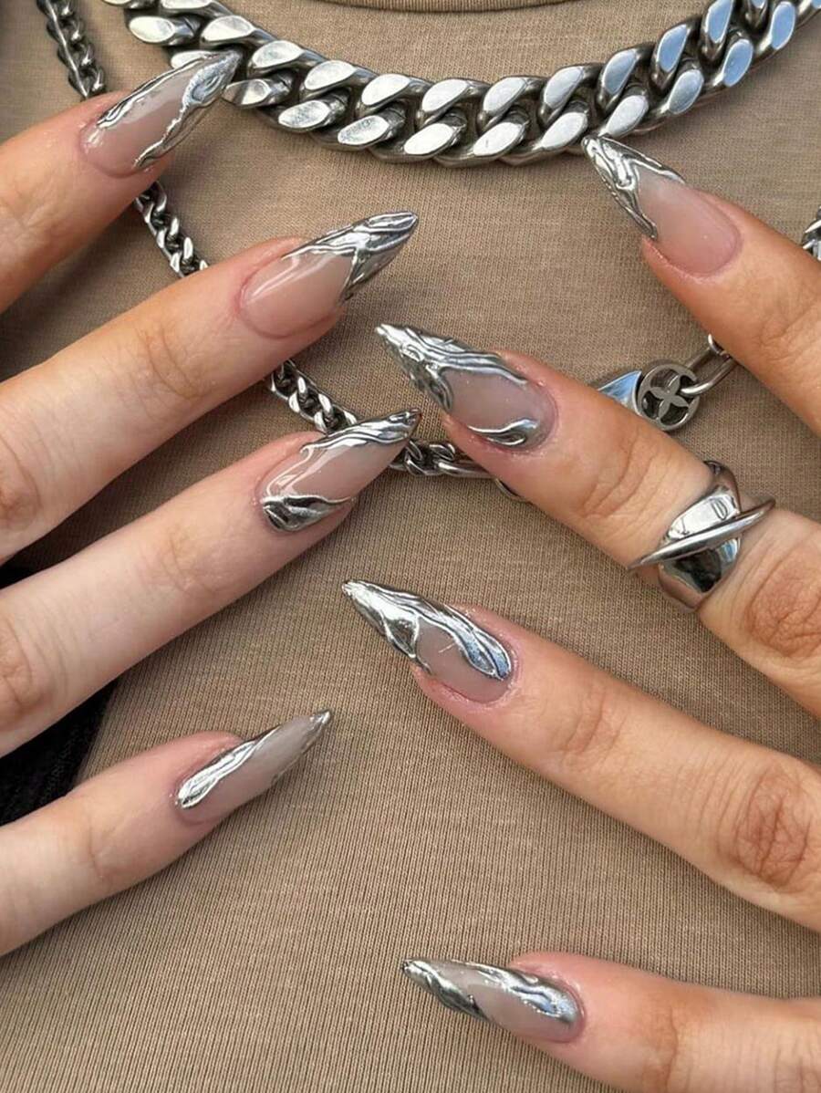 Sanrio 24pcs Set Of Medium-Long Nude-Colored Mirror Finish 3D Silver ...