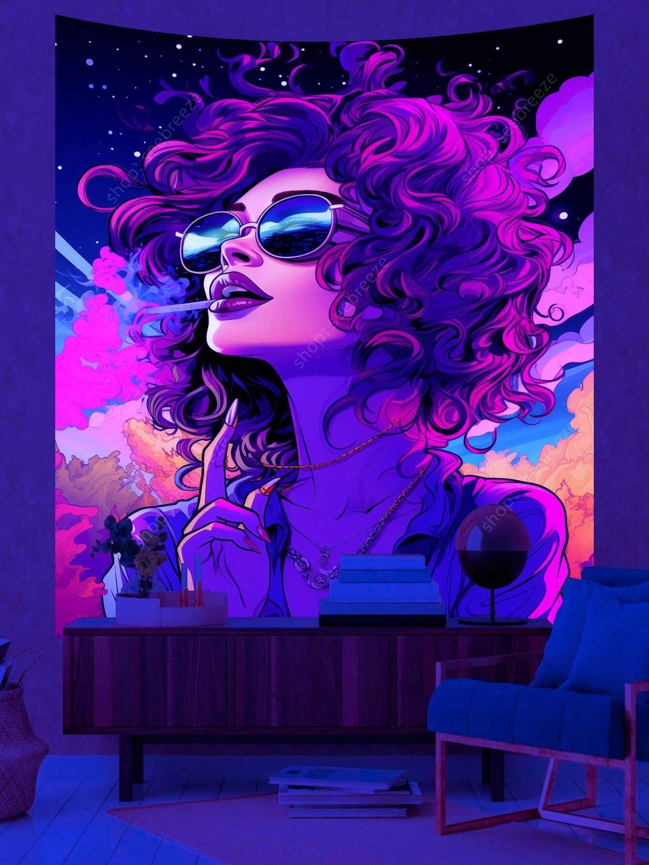 1pc Cartoon Art Style Characters UV Reactive Tapestry, Neon Light ...