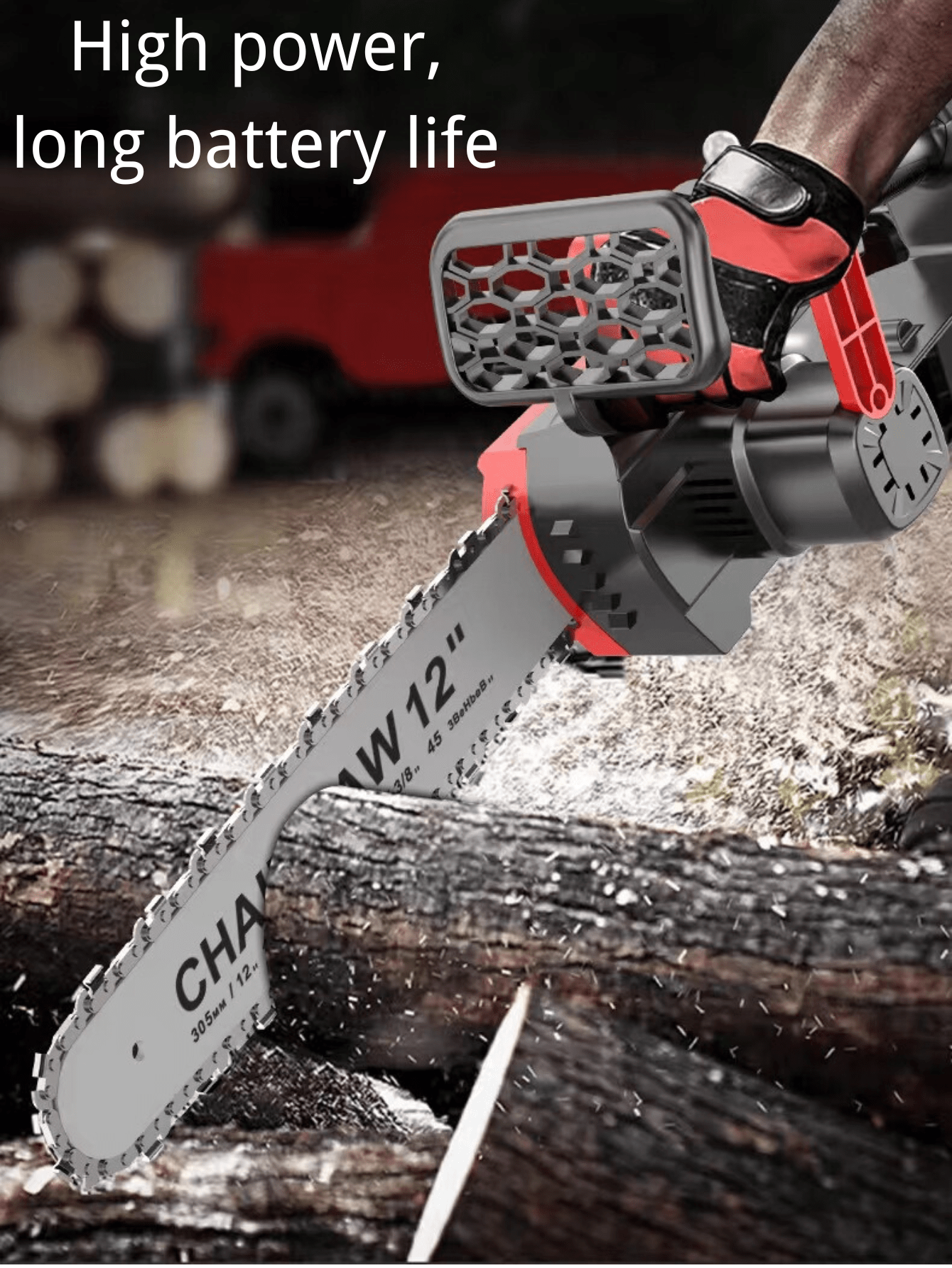 Um conjunto de mini motosserra de 12 polegadas, motosserra elétrica ...