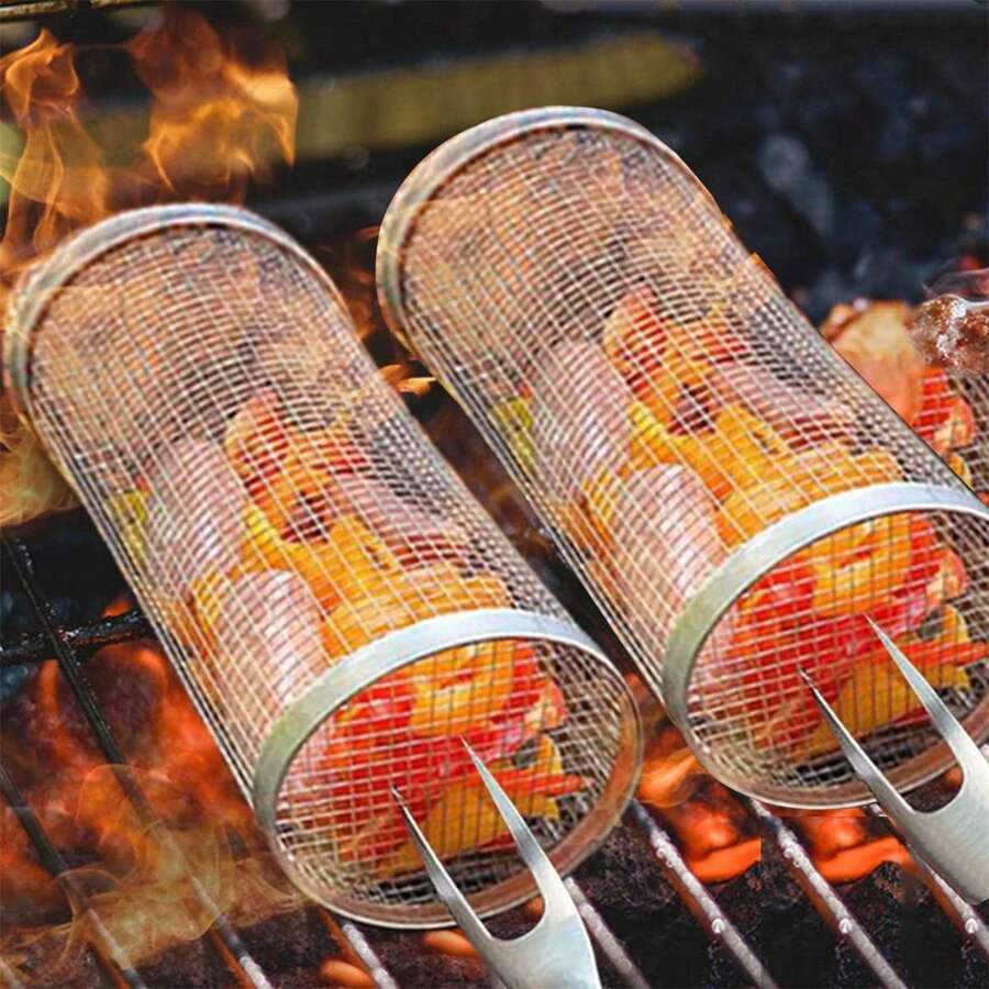 BBQ Rolling Grilling Basket, BBQ Net Tube, Grill Tool With Removable ...