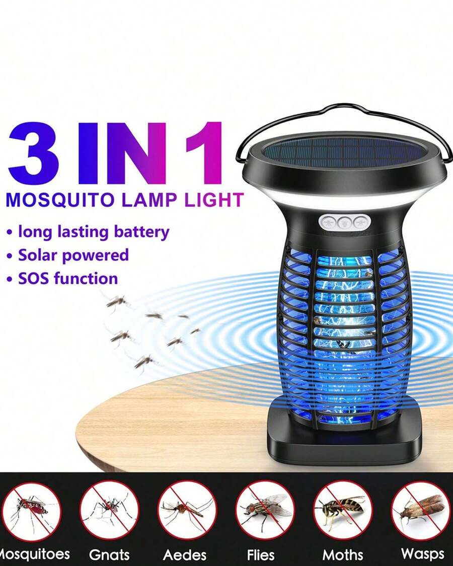 Solar Bug Zapper Outdoor, 3500V Solar Fly Killer, LED 3-In-1 UV Bug ...
