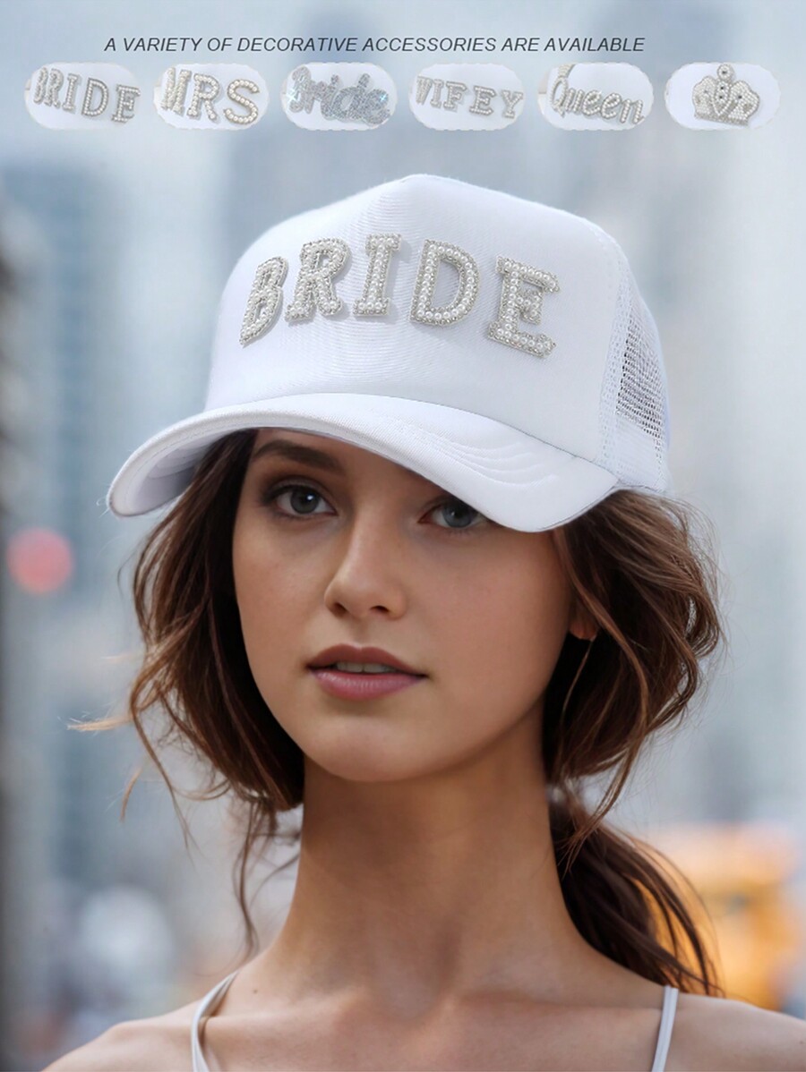 1pc Women's Pure White Faux Pearl Letter Baseball Cap, Wedding Cap ...
