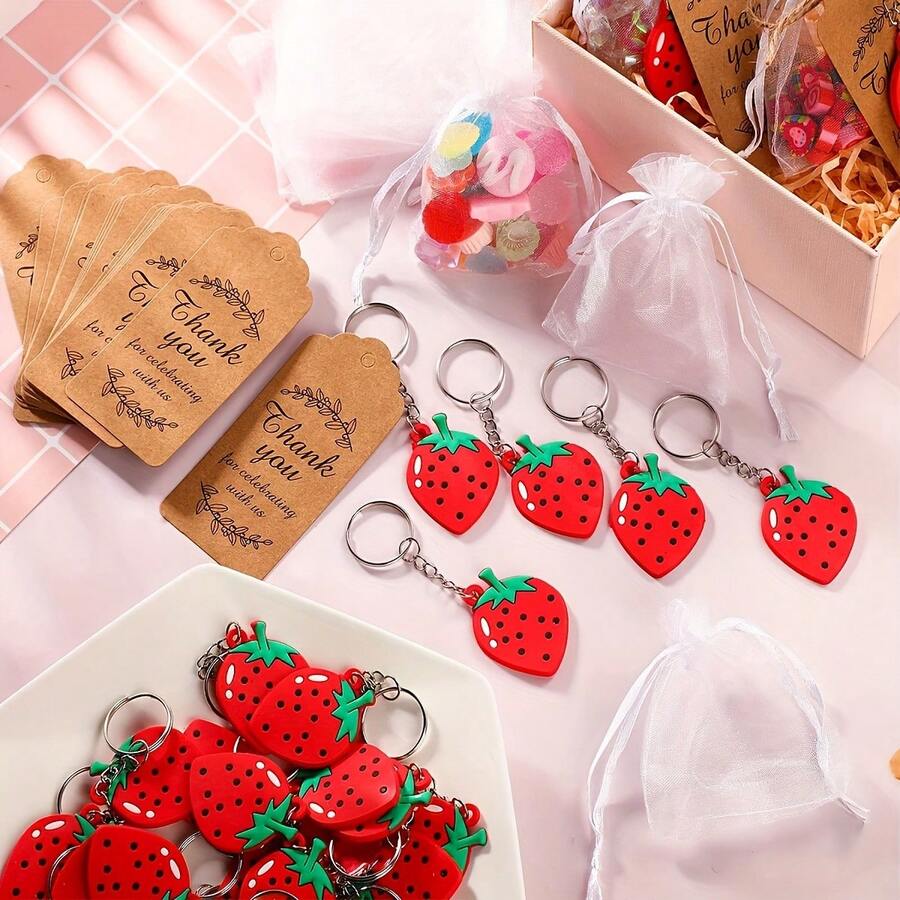Strawberry Keychain Party Favor Set For 12/24/48 Guests, Red Plastic ...