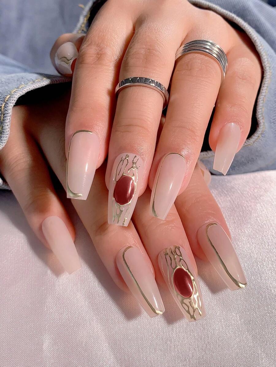 Medium Ballet-Style Striped Gradient Color Press-On Artificial Nails ...