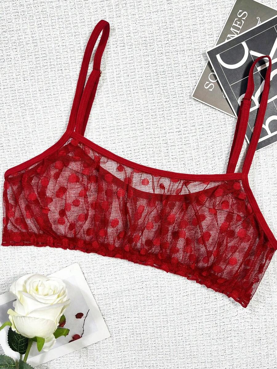 Women's Teddy Wine Red See-Through Mesh Bra Bow Panty Set Three-Point ...