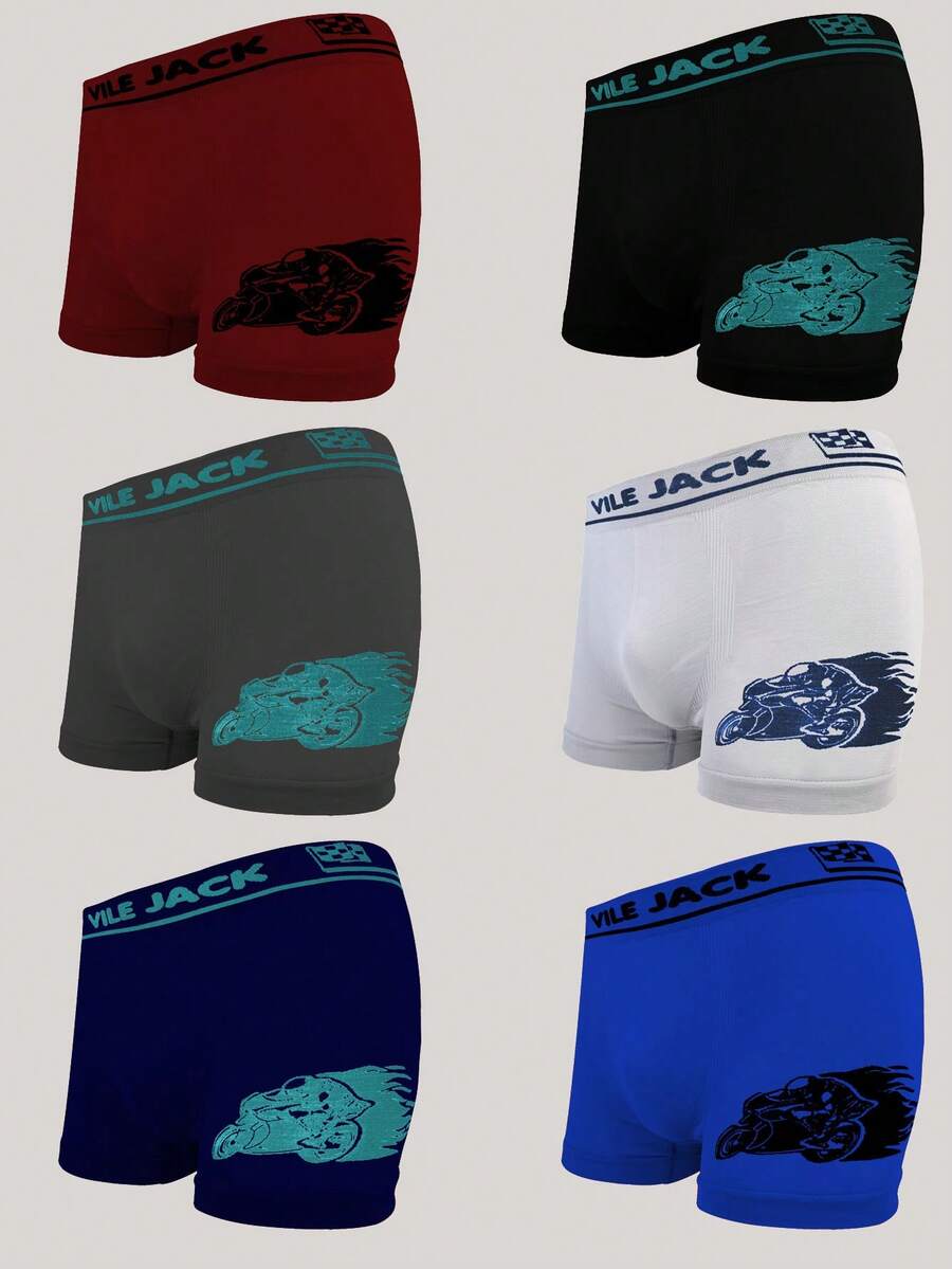 6pcs Tween Boy Casual Seamless Boxer Briefs Printed With Violent Motorcycle Pattern, All Season ...