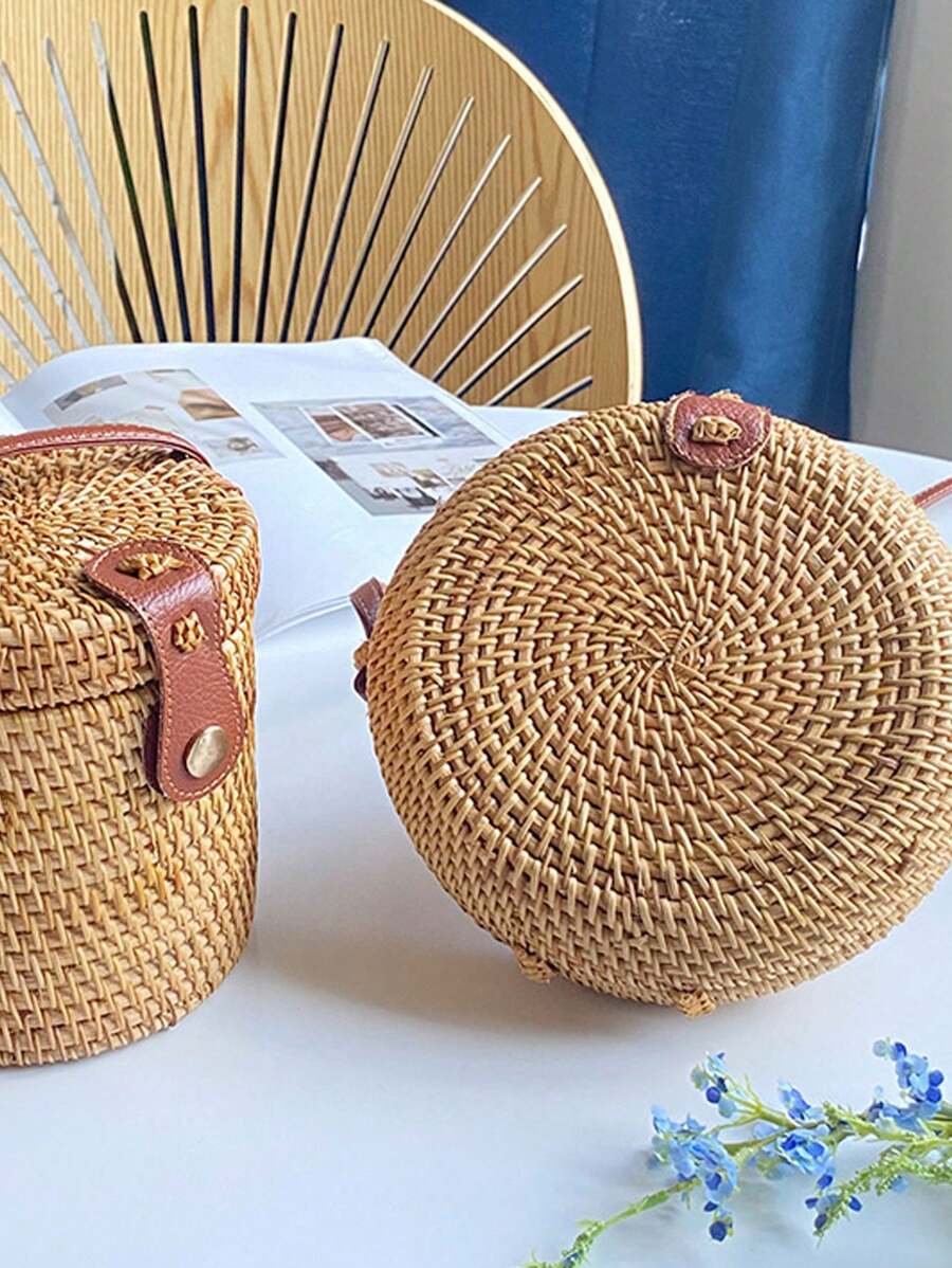 Mini Rattan Woven Round Hand Woven Straw Bag,Retro Style Crossbody Bag ...