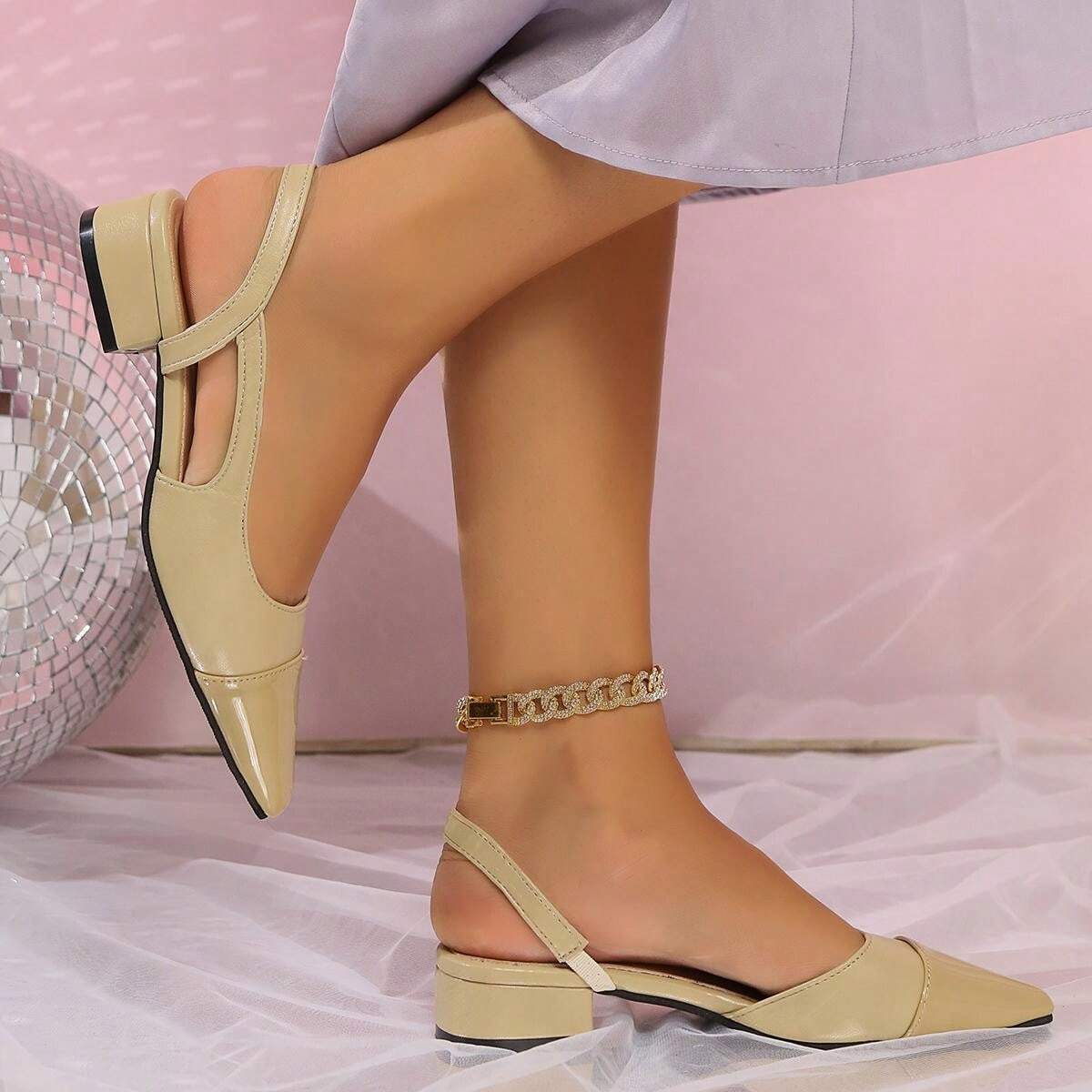 Women's Low-Heeled Pointed Toe Sandals, Nude Color, French Style ...