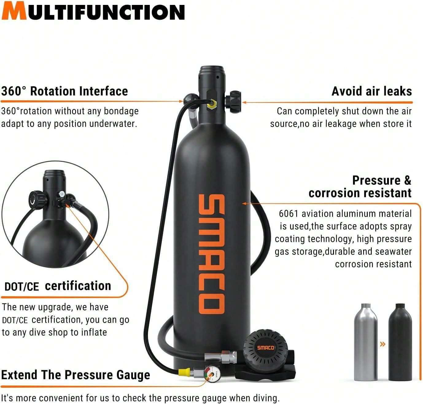 SMACO SMACO S700 Mini Scuba Tank & Scuba Adapter Package 1.9L Portable ...